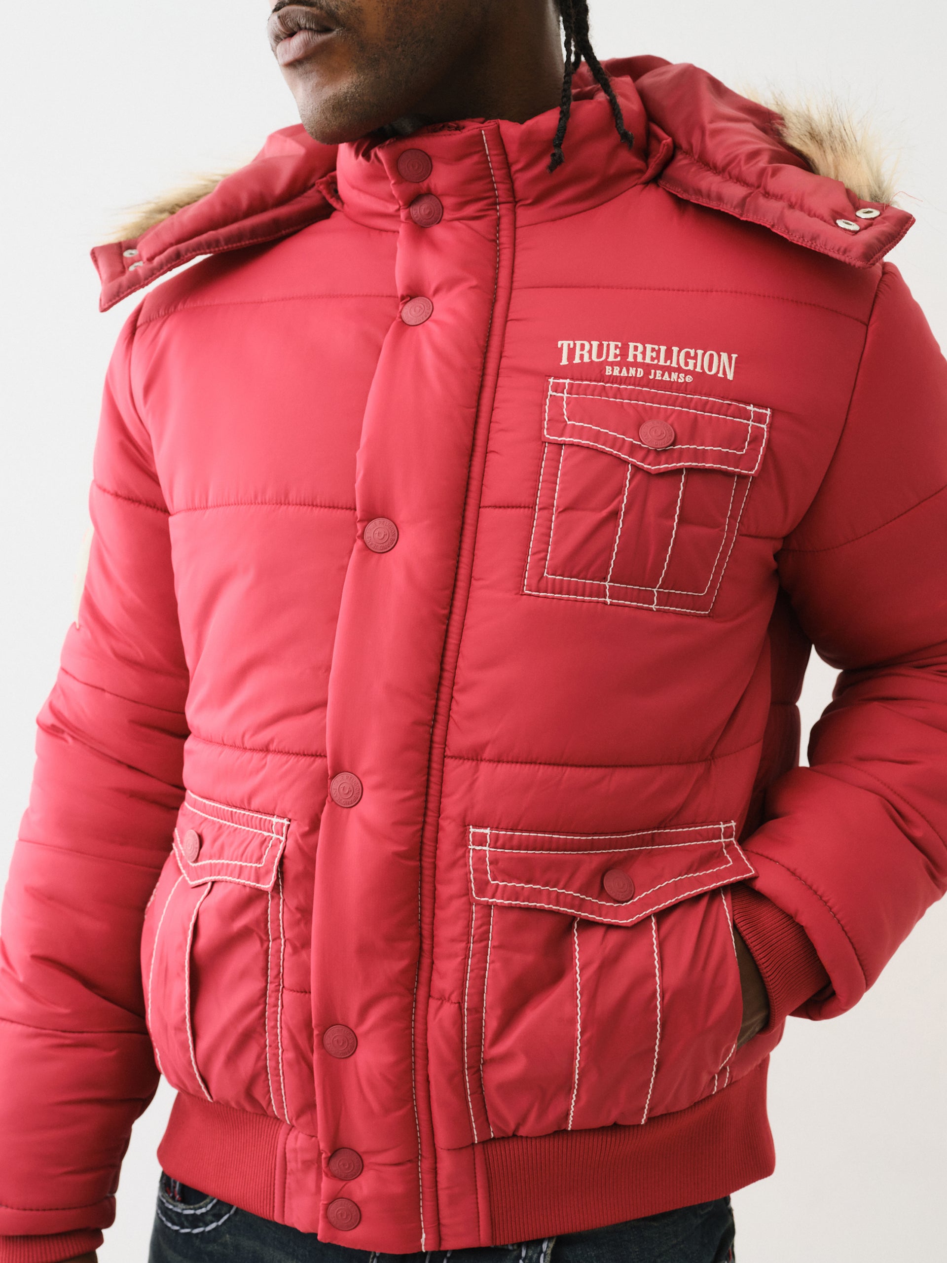 True Religion Big T Fur Hood Puffer Jacket Red Dahlia – AL Capone Premium