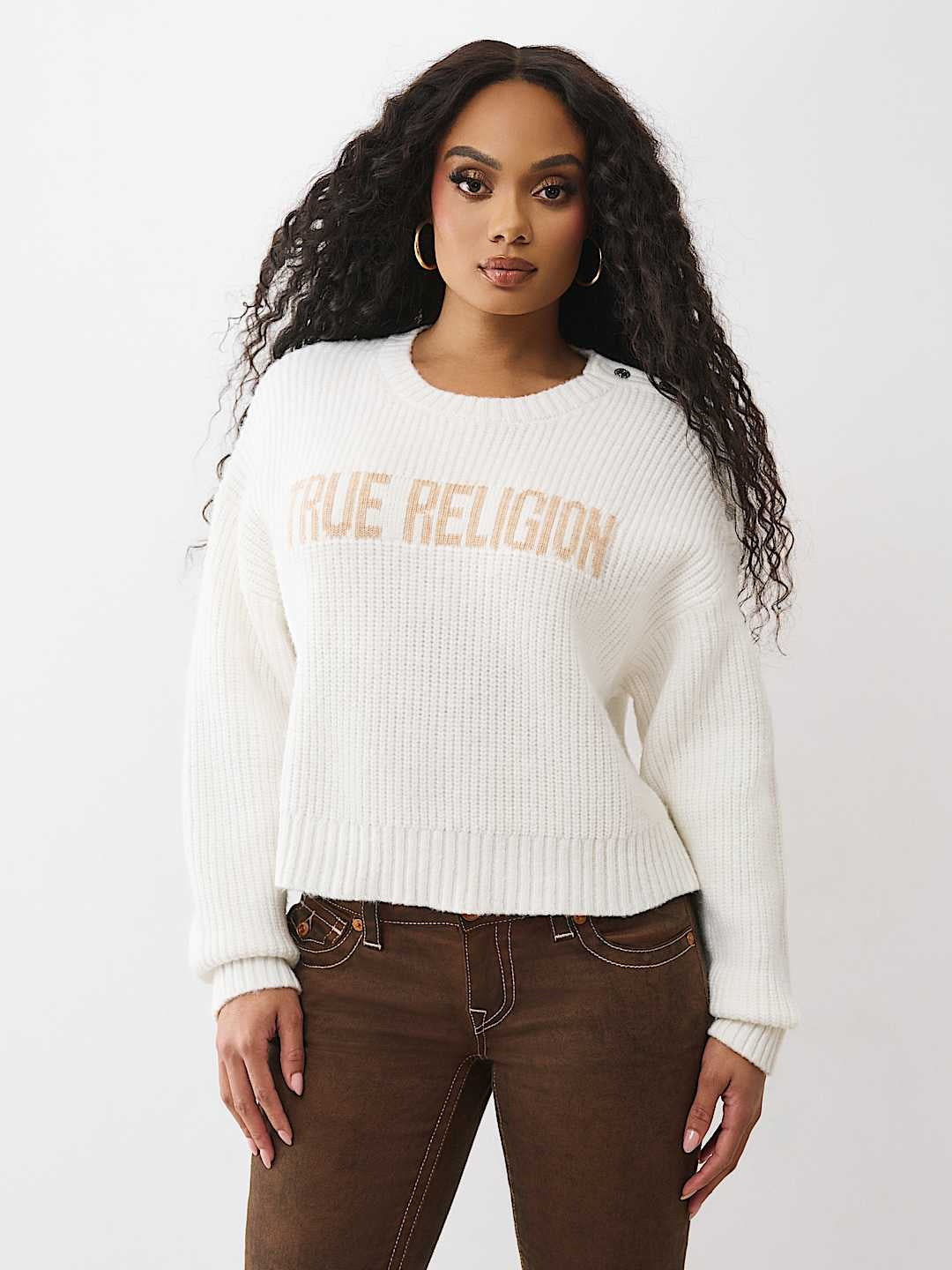 True Religion Sweater Logo Off Shoulder Winter White - AL Capone Premium