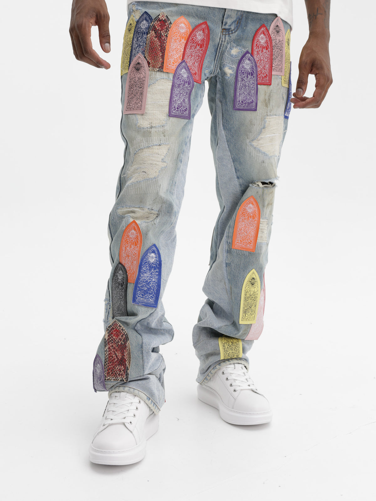 Who Decides War Jeans Patch Arched Repaired Distressed Denim Multi - AL ...