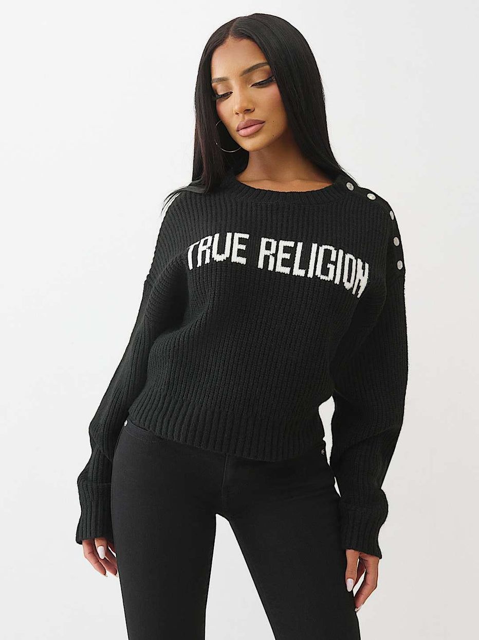 True Religion Sweater Logo Off Shoulder Jet Black - AL Capone Premium